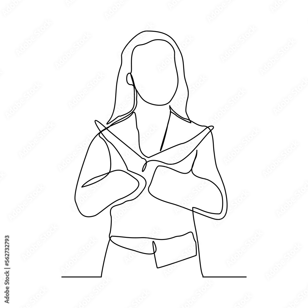 Continuous single one line art drawing of woman crossing hands gesture ...