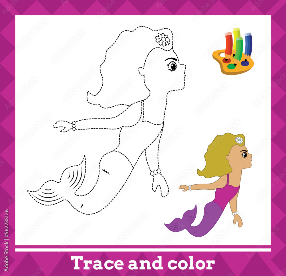 Trace and color for kids, mermaid no 18 vector illustration. Stock ...