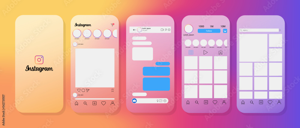 Instagram design. Set template social media and network interface. Photo frame. Stories, liked ...