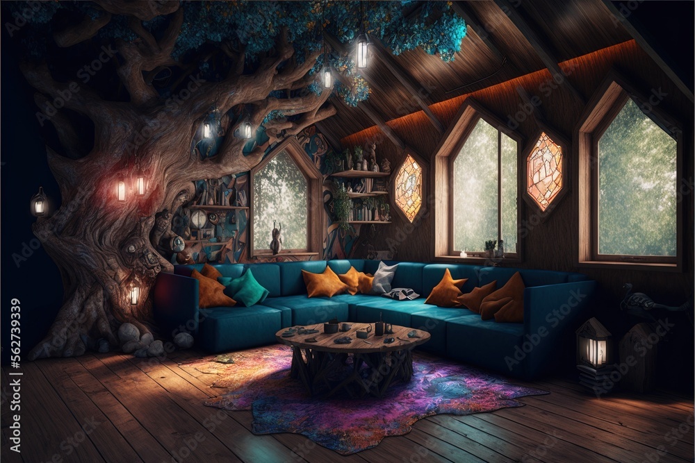 Generative ai illustration of the interior of an tree house filled with ...