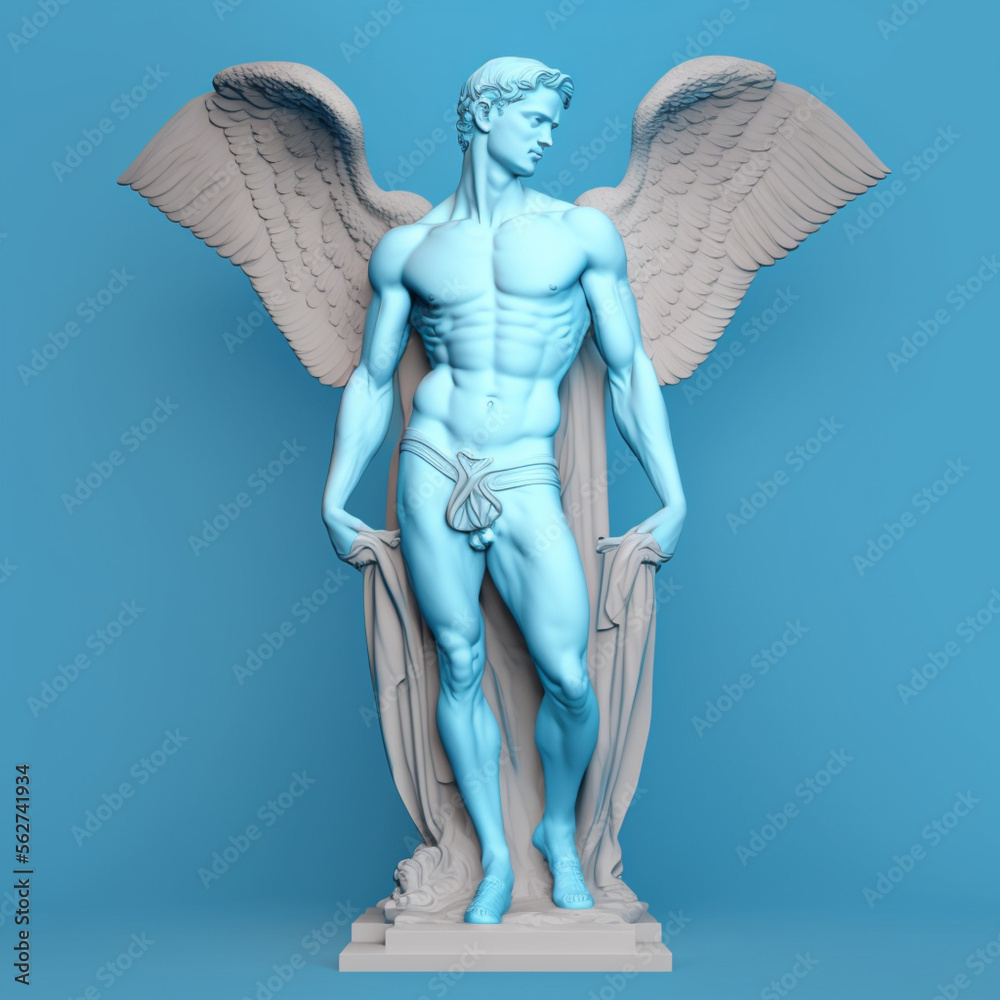 archangel, statue, strong, real life, full body, light blue background ...