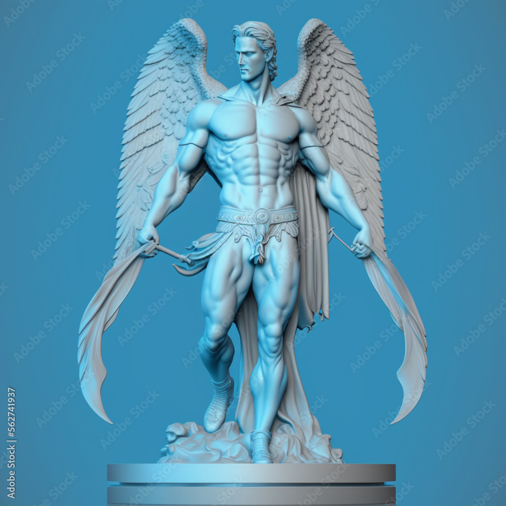archangel, statue, strong, real life, full body, light blue background ...