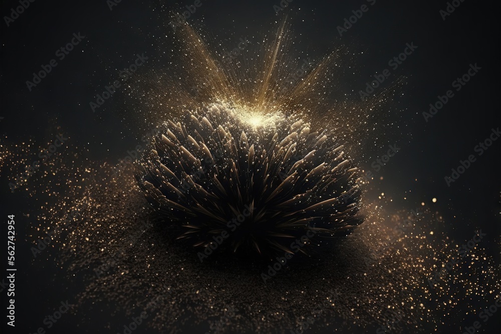 a black and gold fireworks display with a black background and a black ...