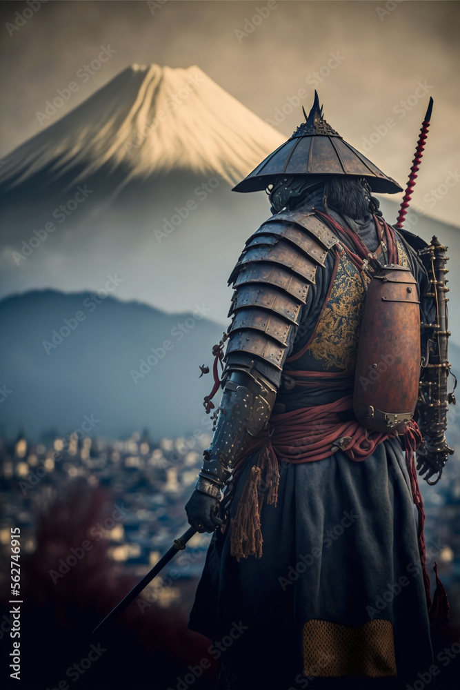 Portrait of a Samurai standing with his back, against the backdrop of a ...