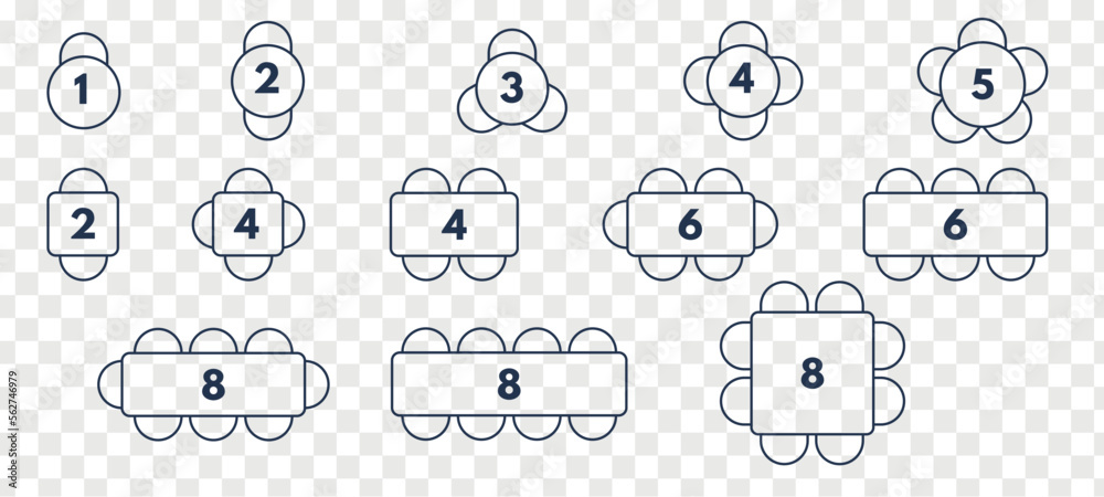 Table maps for restaurant seating capacity. Different chair and table ...