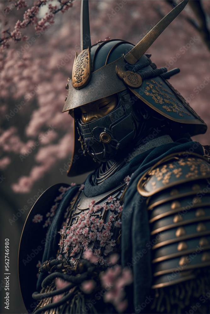 Samurai portrait, cherry blossom background, Japanese medieval warrior ...