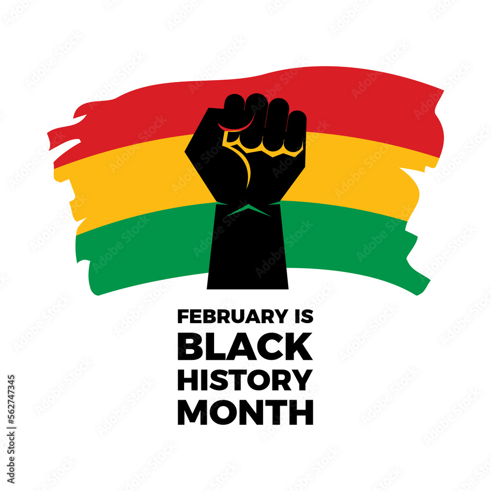 February is Black History Month vector. Black raised hand with clenched ...