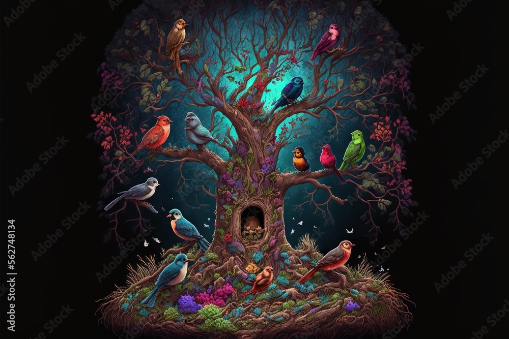 a tree with many birds sitting on it's branches and a hole in the ...
