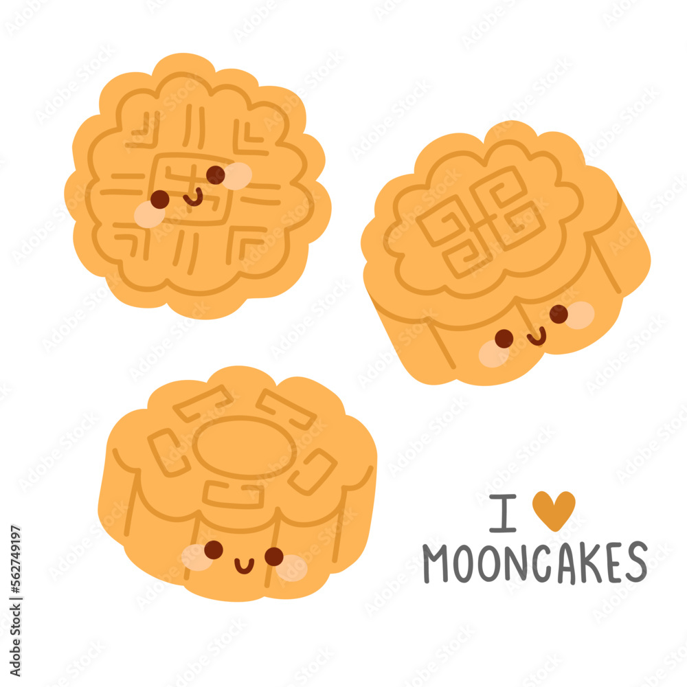 Vector illustration set of cute doodle asian food moon cake for print ...
