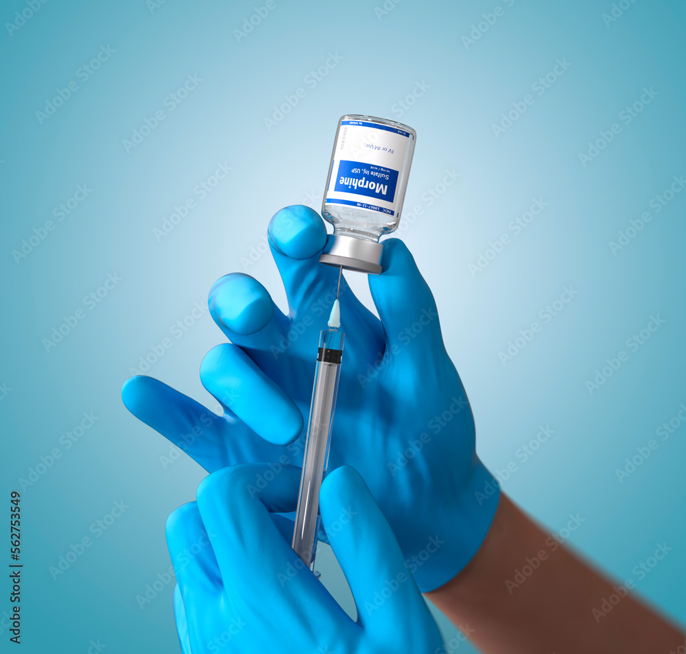 Morphine. Doctor holding with hands with latex gloves the bottle of ...