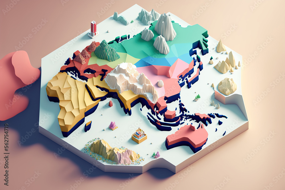 Map of Africa and Asia, pastel color, 3D render style, isometric view. Generative AI ...
