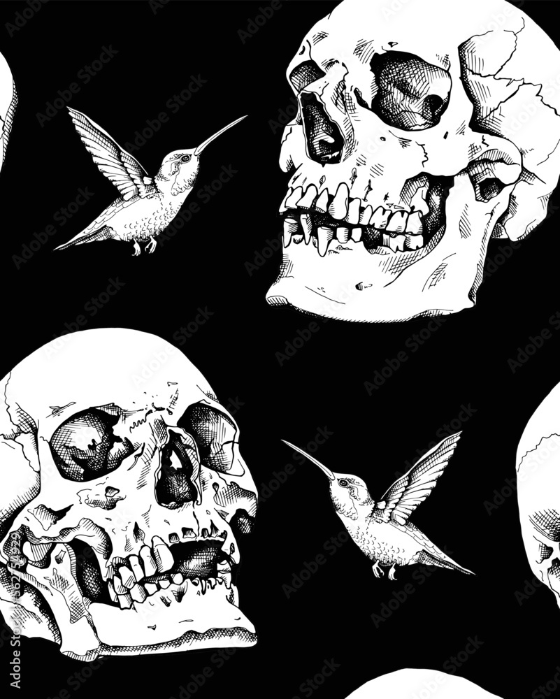 Seamless pattern. Human skulls and hummingbirds. Textile composition ...