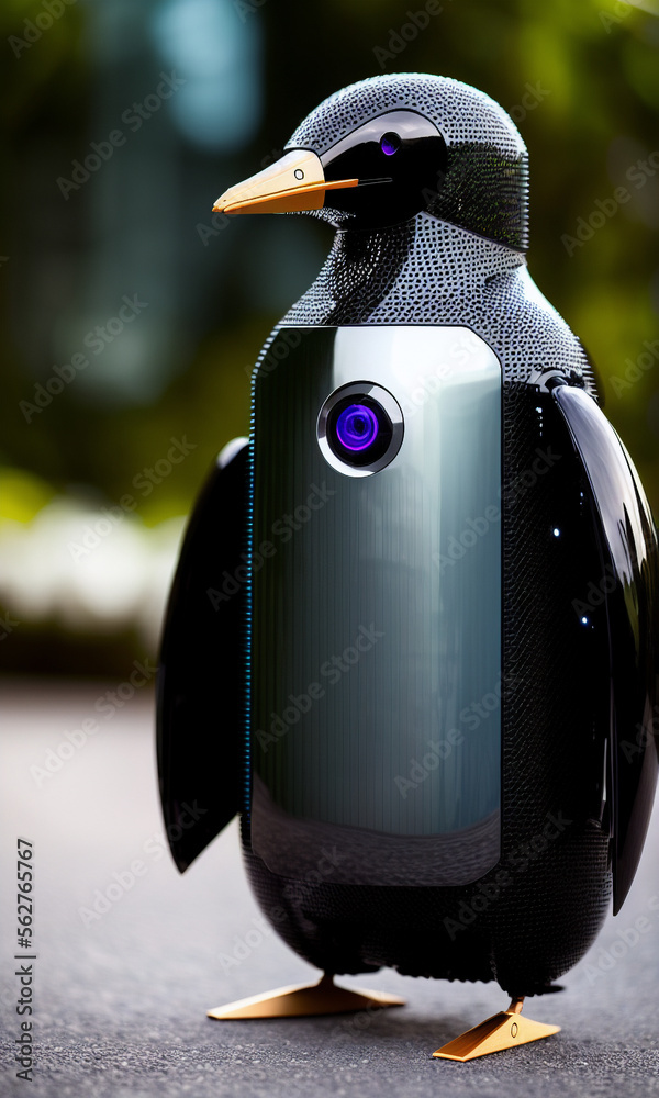 Cyborg penguin from the future. Penguin-shaped mechanical robot. A post ...