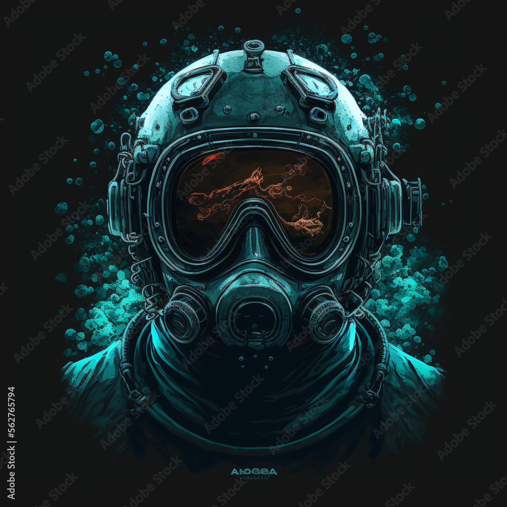 illustration of a diver with a helmet. portrait. from the front ...