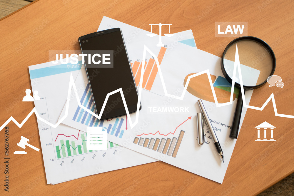 Virtual Chart on the background of law and justice documents. Stock ...
