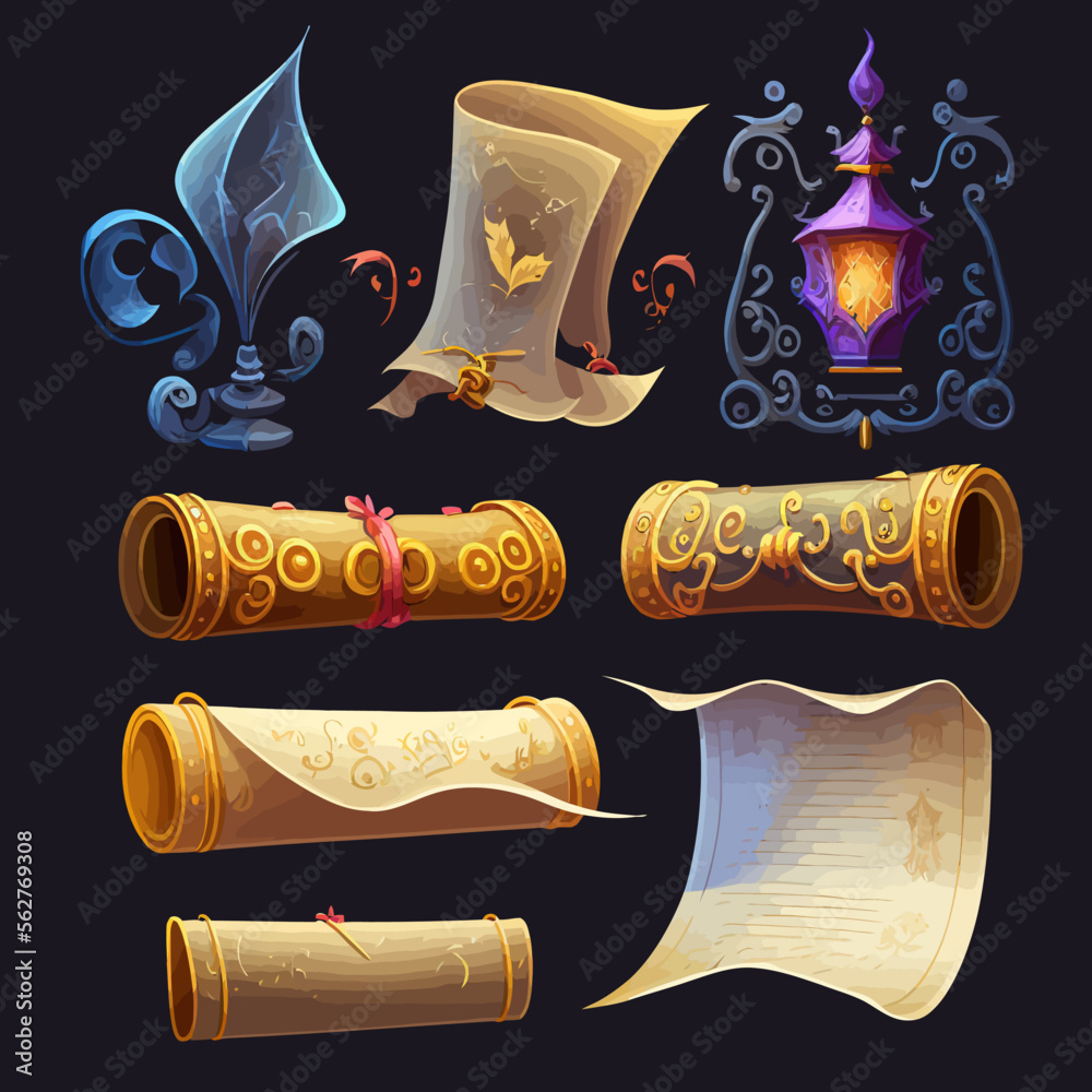 Cartoon set of magic parchment paper scrolls isolated on dark ...