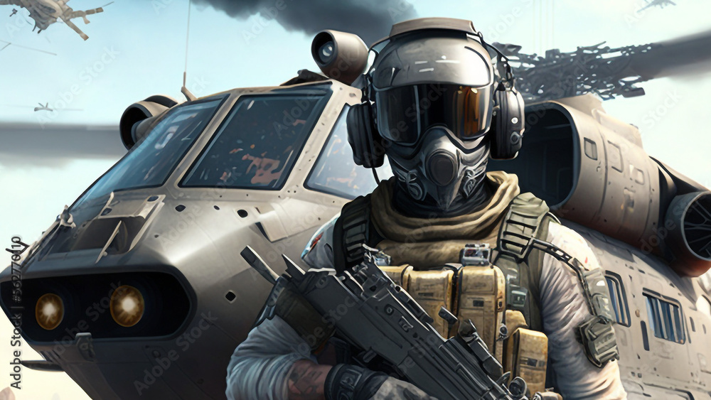 Gaming character military soldier holding gun in front of helicopter ...