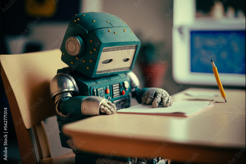 Little cute robot sits at a school lesson at a desk, does homework ...