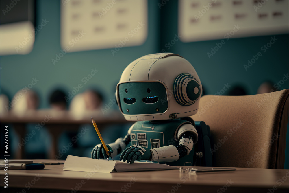 little cute robot sits at a school lesson at a desk, does homework ...