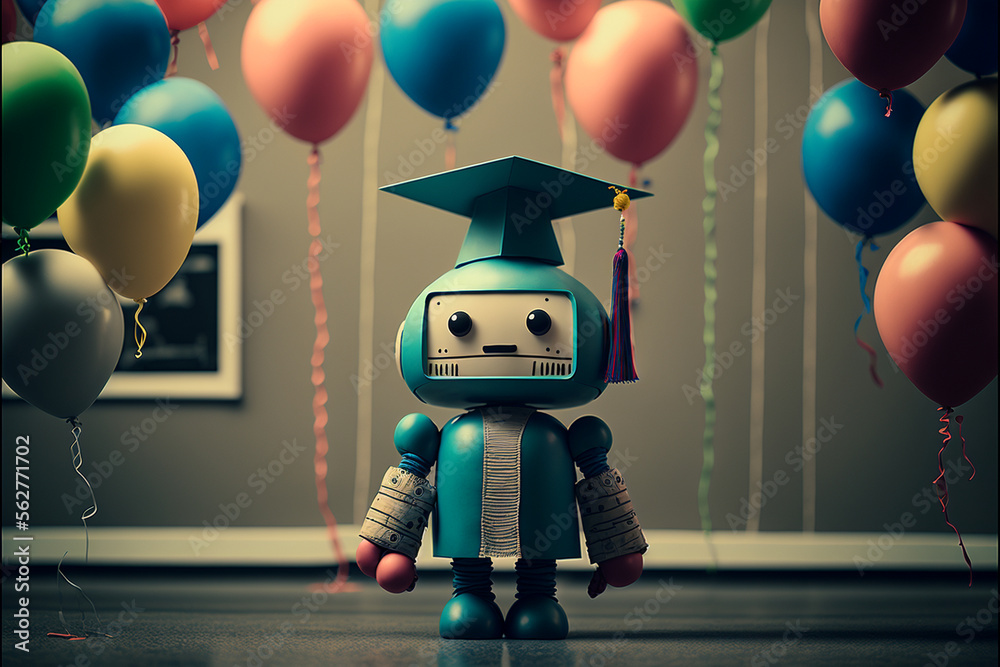 little cute robot wearing a turquoise graduation cap, beautiful eyes ...