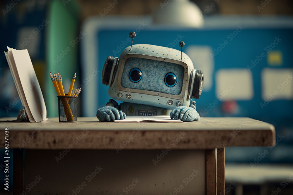 Little cute robot sits at a school lesson at a desk, does homework, cartoon character ...
