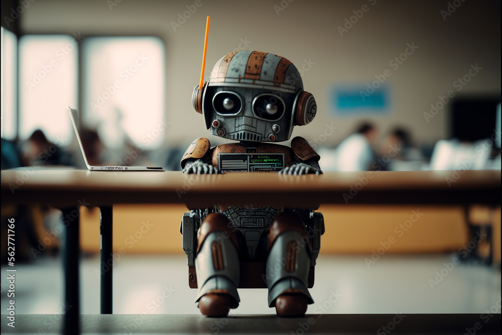 robot student sits at a school lesson at a desk, does homework ...