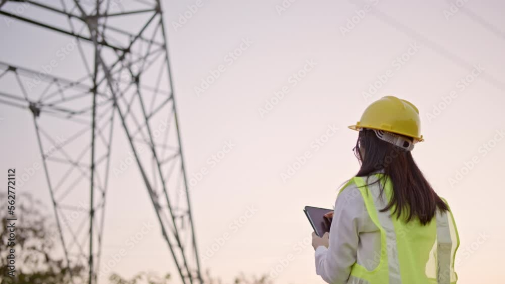 Footage video of female power engineer checking high voltage pole on ...