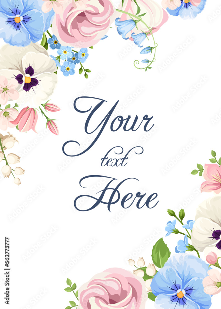 Greeting or invitation card design with pink, white, and blue spring ...