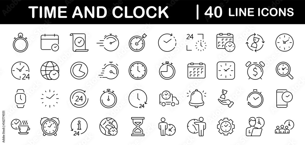 Time and Clock set of web icons in line style. Time management. Timer ...