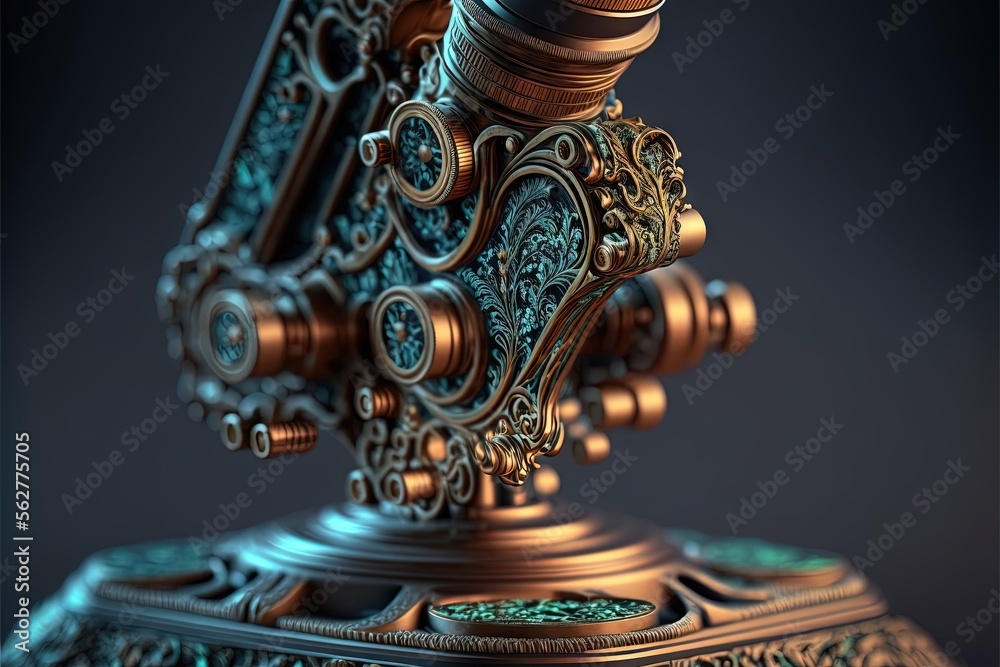 a 3d rendering of a golden and blue clock tower with a pendulum wheel ...