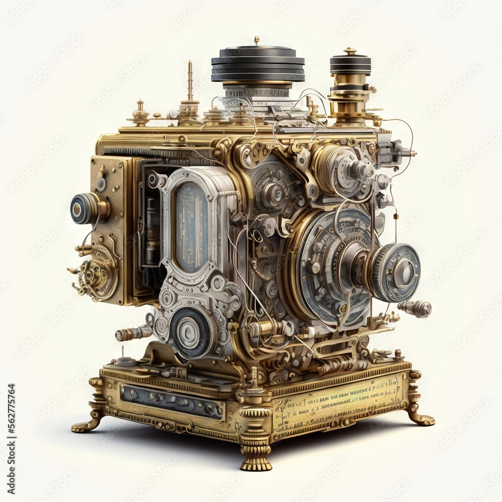 a very old looking machine with a lot of gears on it's side and a clock ...