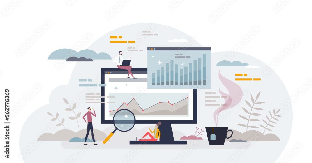 Data analytics with business information chart monitoring tiny person ...