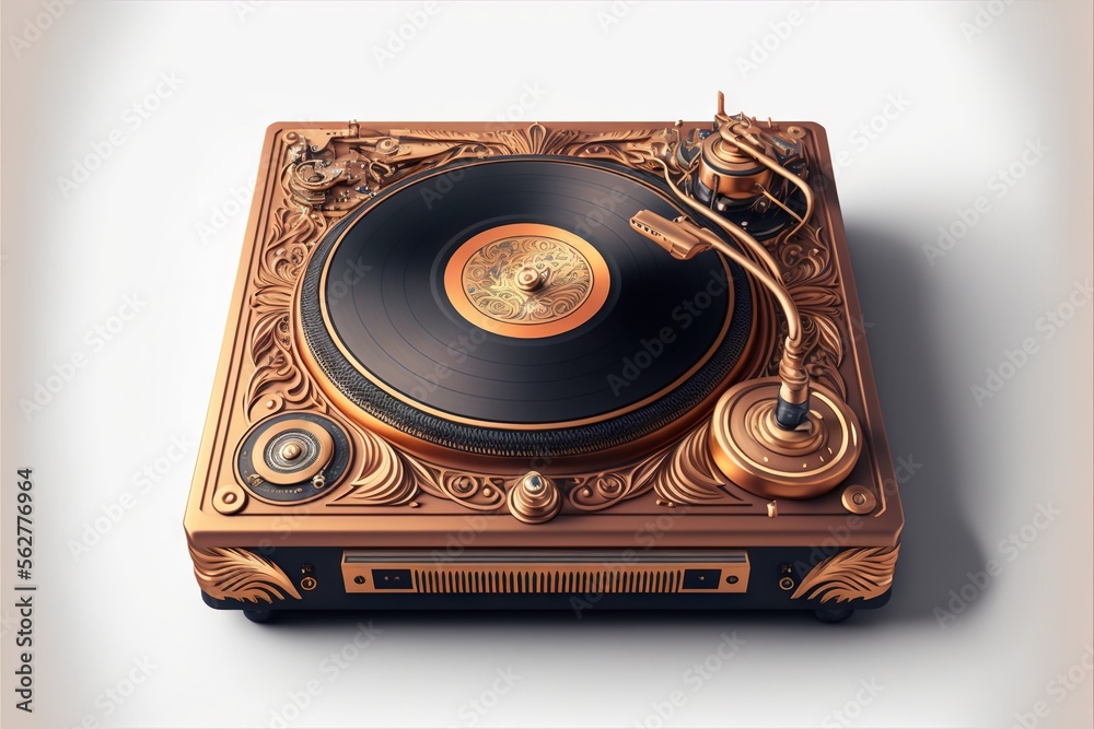 a golden record player with a black record on it's side and a white ...