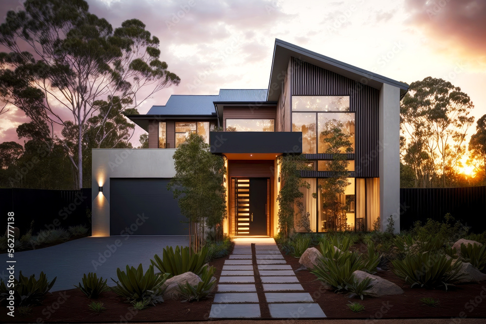 Illuminated by lamps house contemporary house exterior in rays of ...