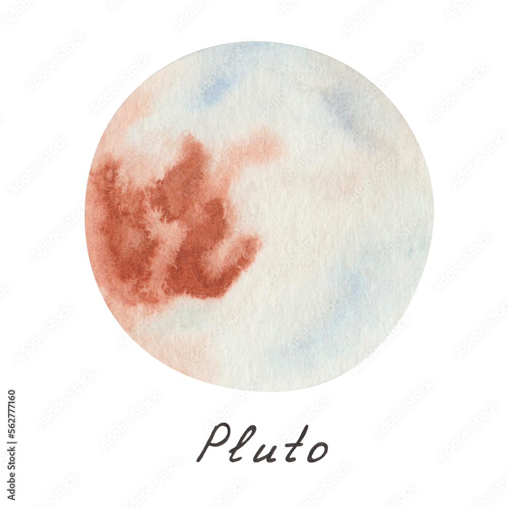 Watercolor illustration of hand painted dwarf planet Pluto in blue ...