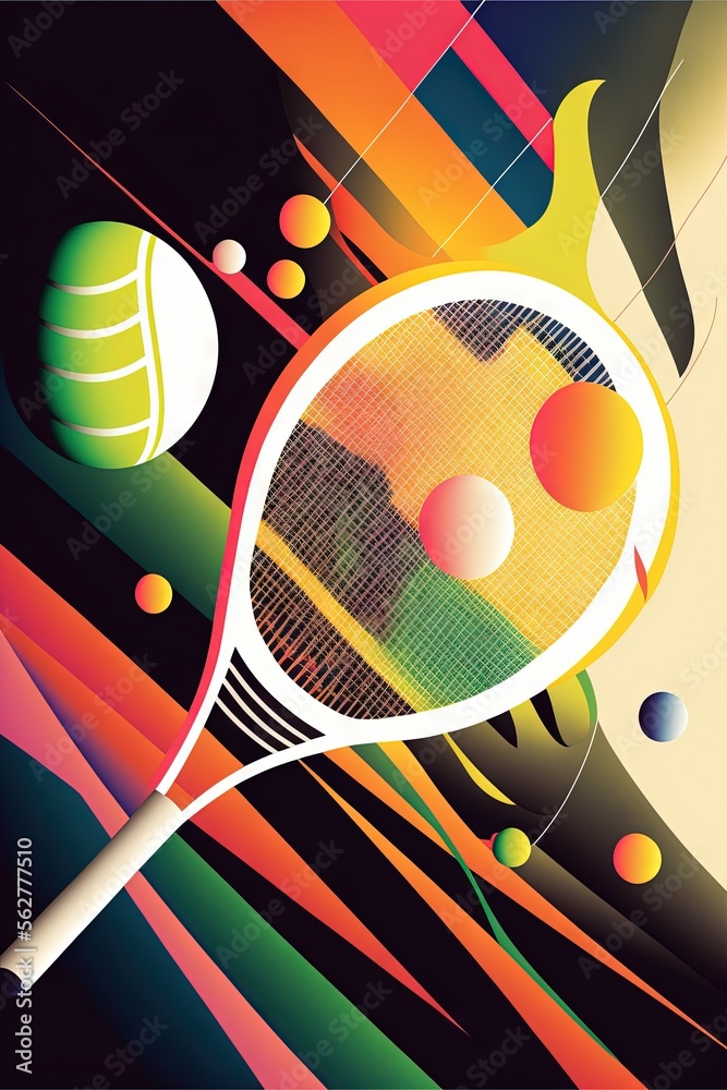 a tennis racket and ball on a colorful background with a splash of ...