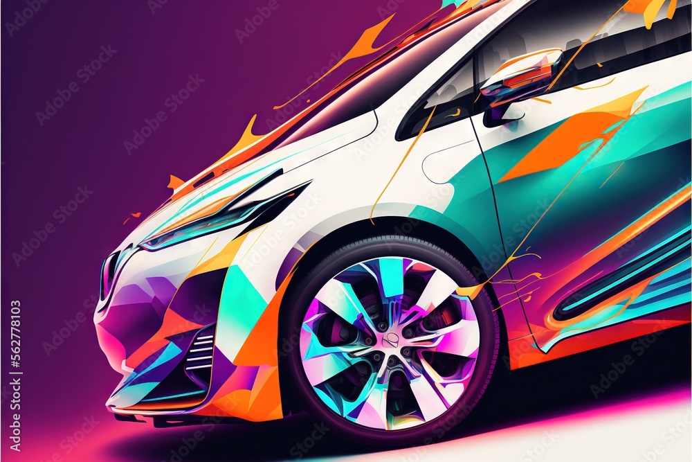 a car with a colorful design on the front of it's body and wheels, with ...