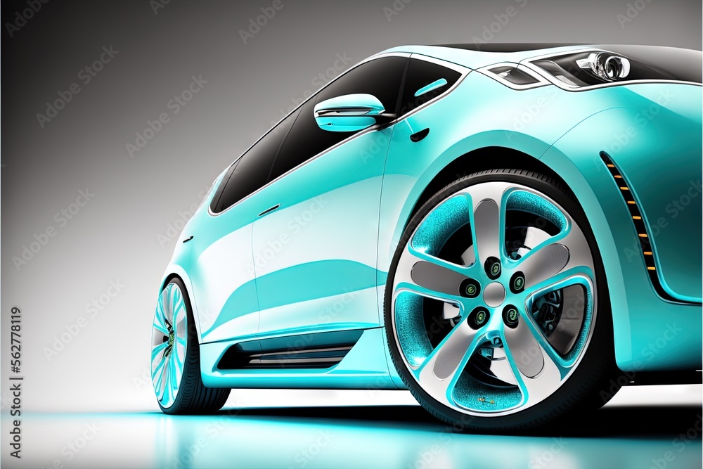 a blue car with a black top and silver rims is shown in this image, it ...
