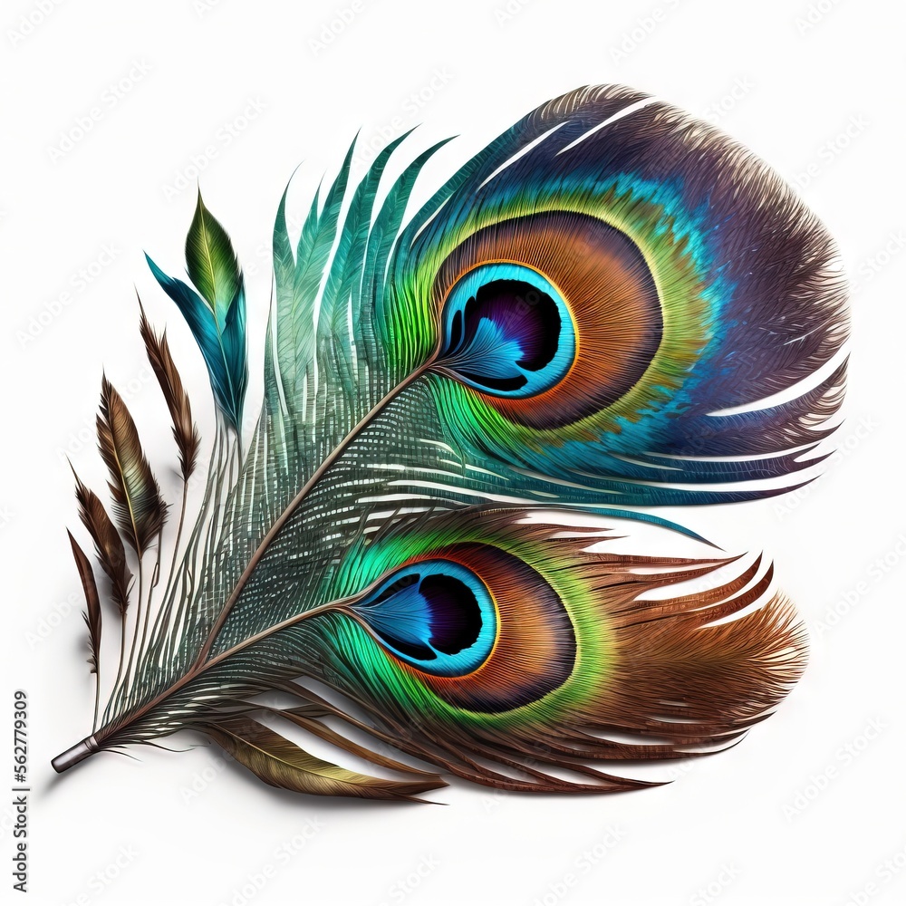 two peacock feathers with a white background and a blue and green tail ...