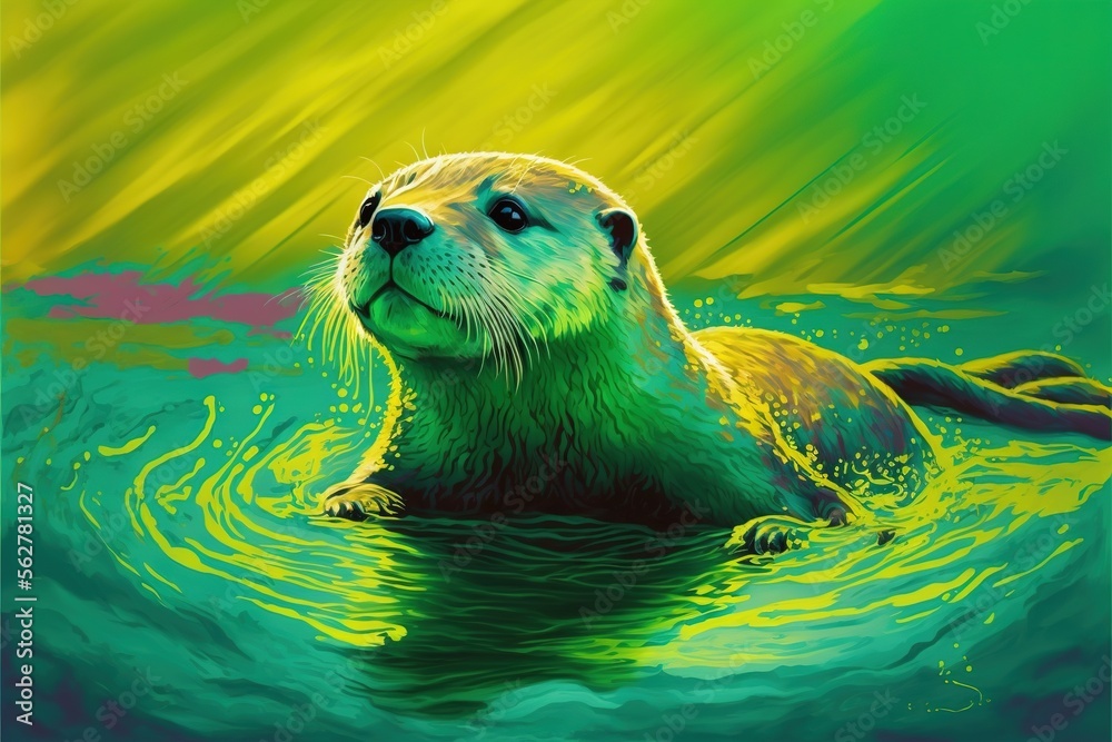 a painting of a sea otter swimming in the water with green and yellow ...