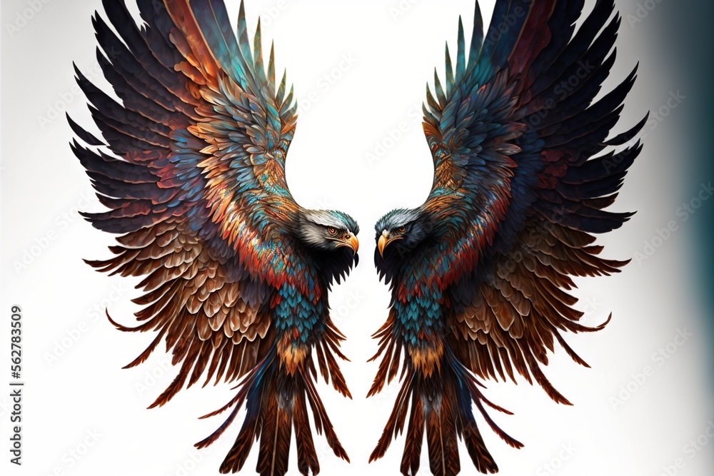 two colorful birds with wings spread out to each other, facing each ...