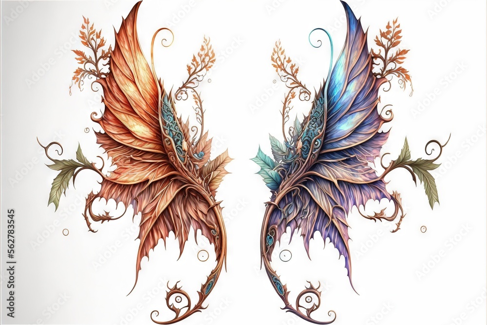 Ilustração do Stock: two colorful wings with vines and leaves on them ...