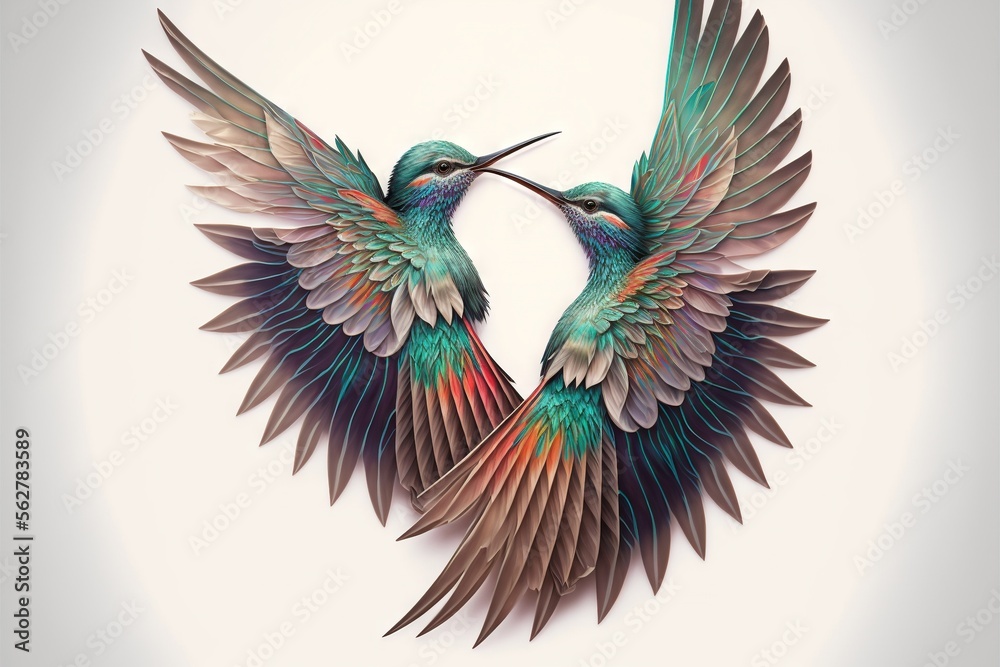 two birds with wings spread out in the air, one of them is biting the ...