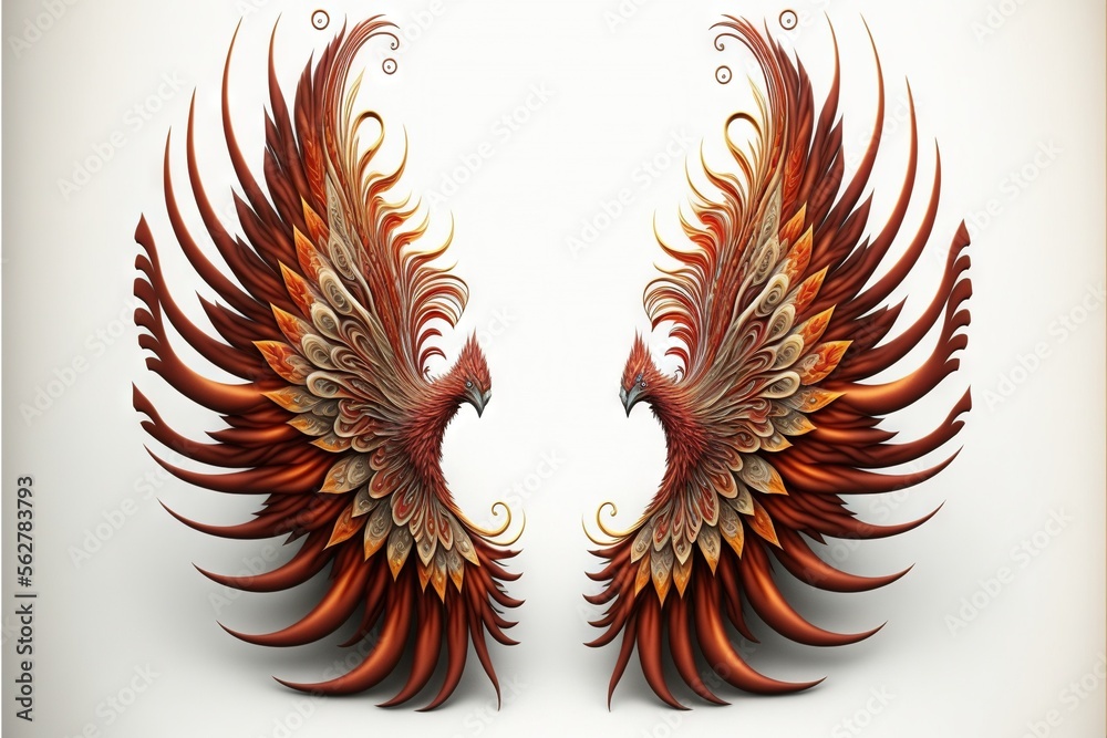 a pair of red and gold wings on a white background with a white ...