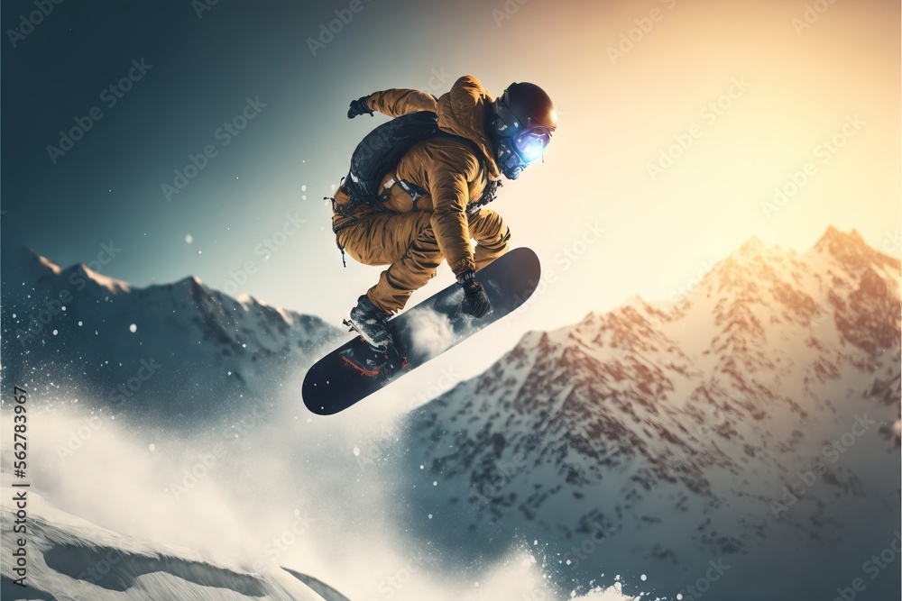 a snowboarder is in the air above the snow covered mountains and snow ...