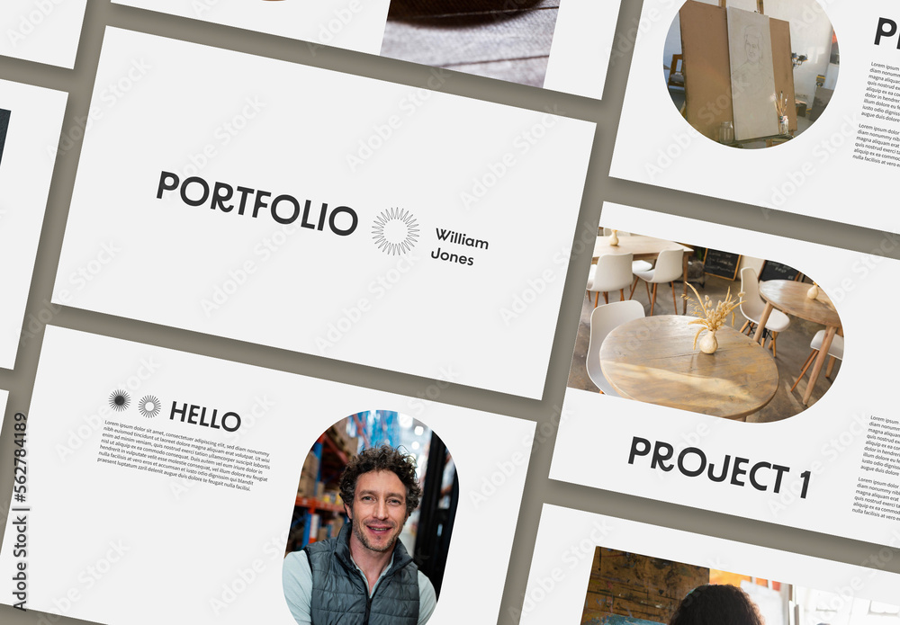 Grey Toned Portfolio with Graphics Stock Template | Adobe Stock