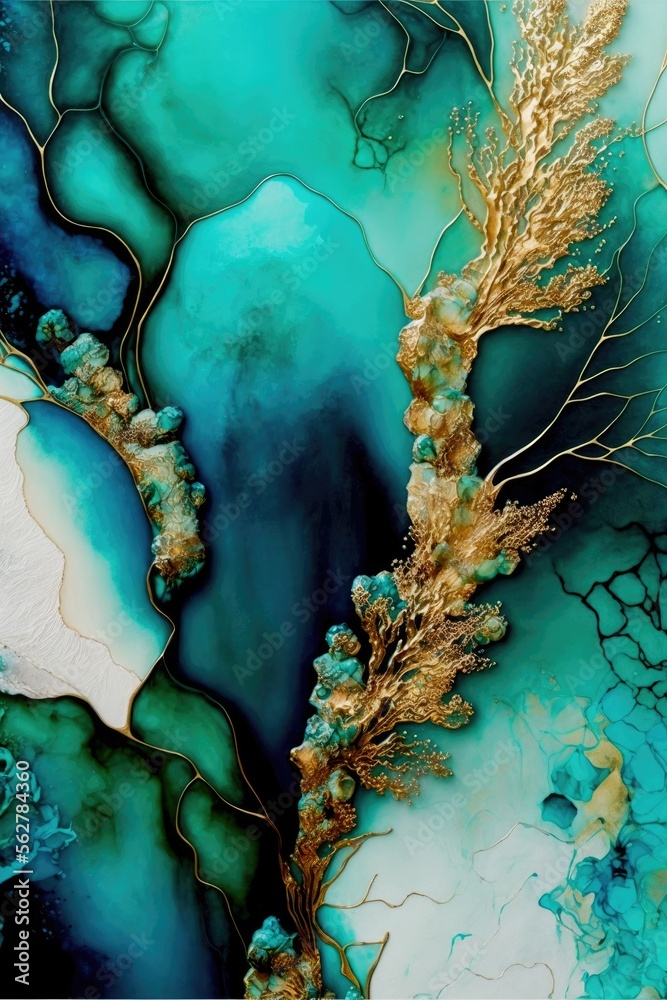 Alcohol ink painting, cyan abstract, pastel tones with golden cracks ...