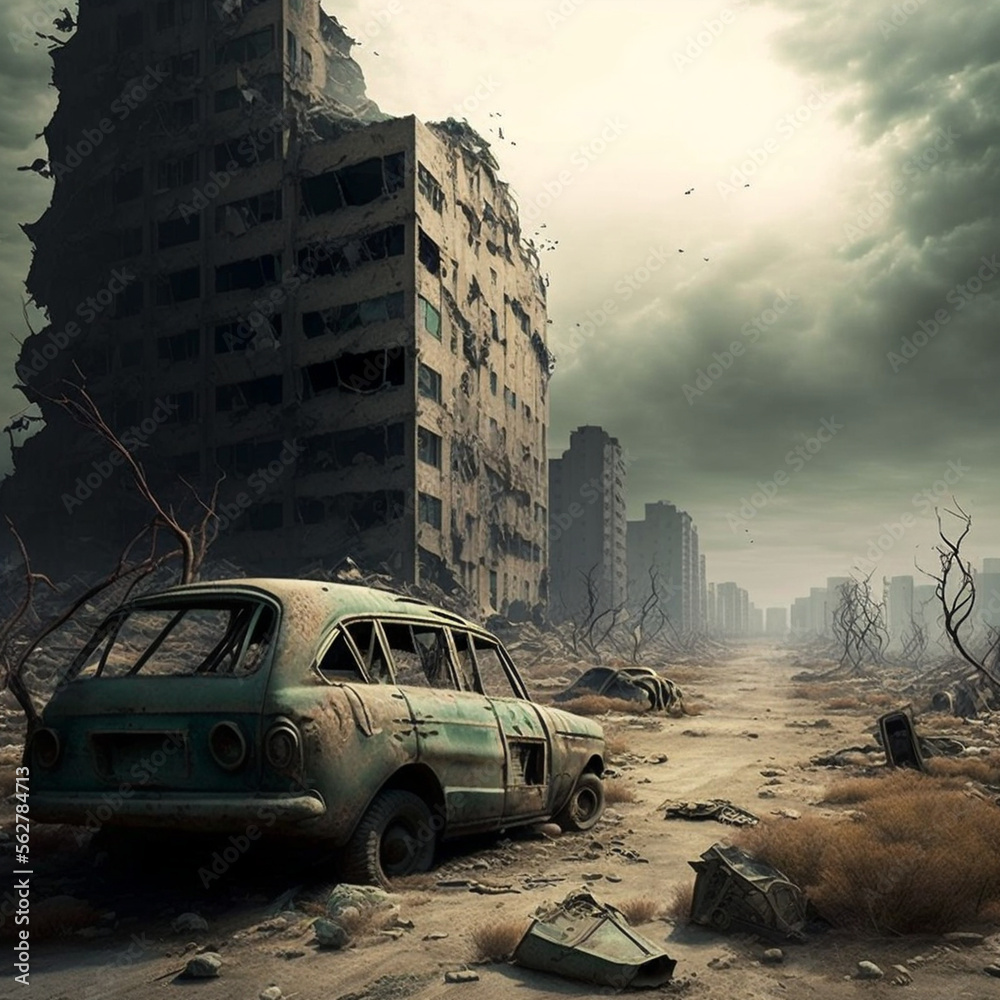 City after a nuclear explosion, high-rise buildings, houses, cars ...