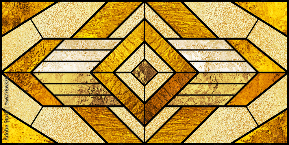 Gold stained glass window. Geometric stained-glass background. Art Deco ...