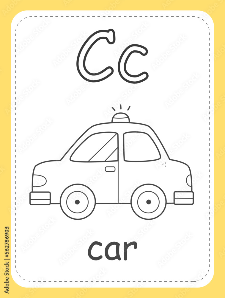 Alphabet coloring book card for children with the letter C and car ...